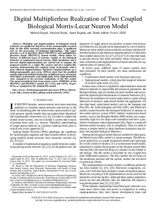 (PDF) Digital Multiplierless Realization of Two Coupled Biological ...