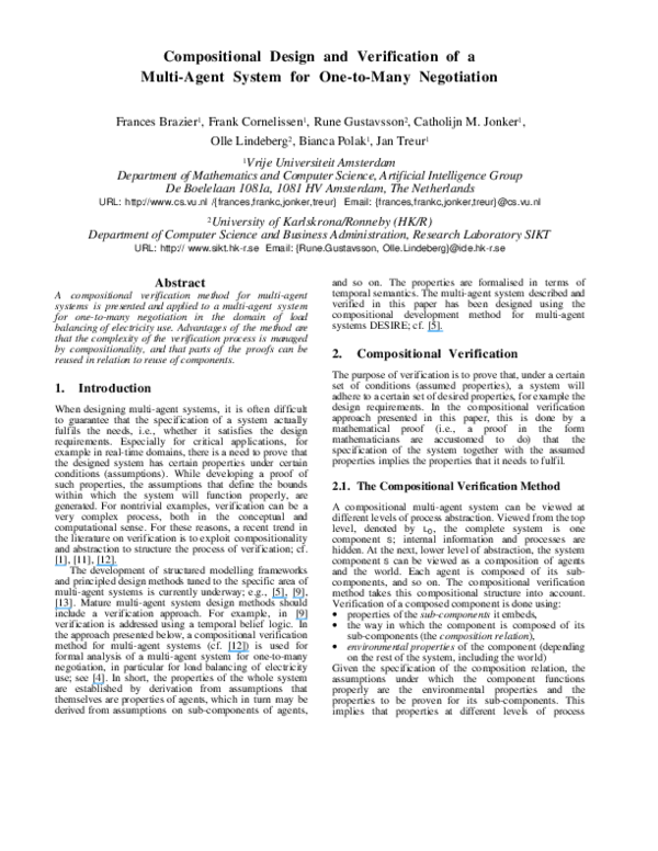 Pdf Compositional Verification Of A Multi Agent System For One To Many Negotiation