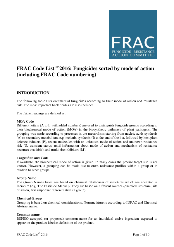 (PDF) FRAC Code List ©* 2016: Fungicides sorted by mode of action ...