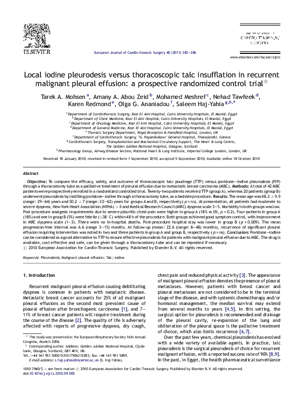 (PDF) Local iodine pleurodesis versus thoracoscopic talc insufflation ...