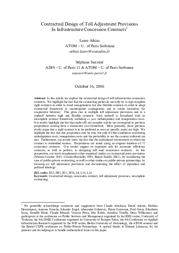 (PDF) Contractual design of toll adjustment provisions in infrastructure concession contracts