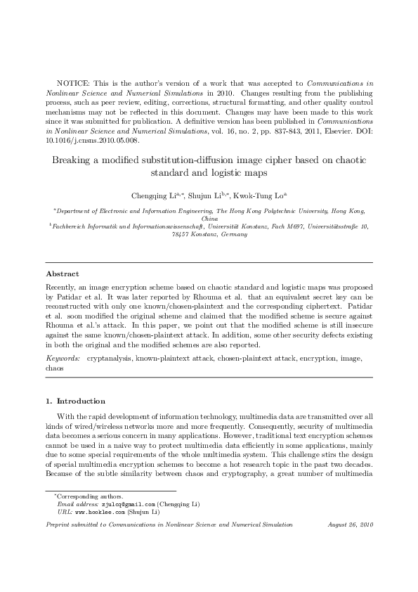 (PDF) Breaking a modified substitution–diffusion image cipher based on chaotic standard and ...