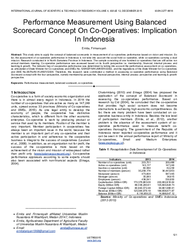 (PDF) Performance Measurement Using Balanced Scorecard Concept On Co-Operatives: Implication In ...