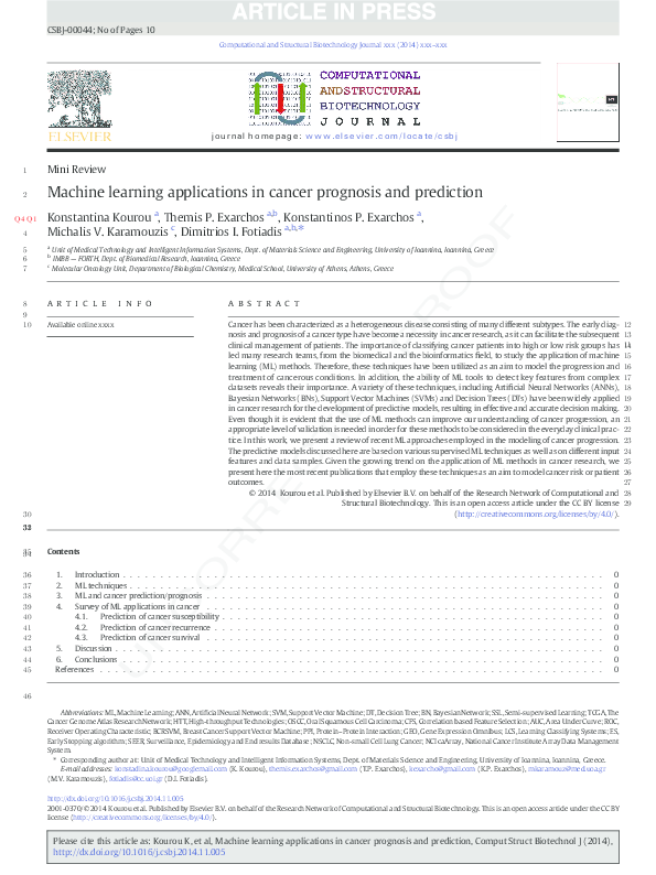 (PDF) Machine learning applications in cancer prognosis and prediction
