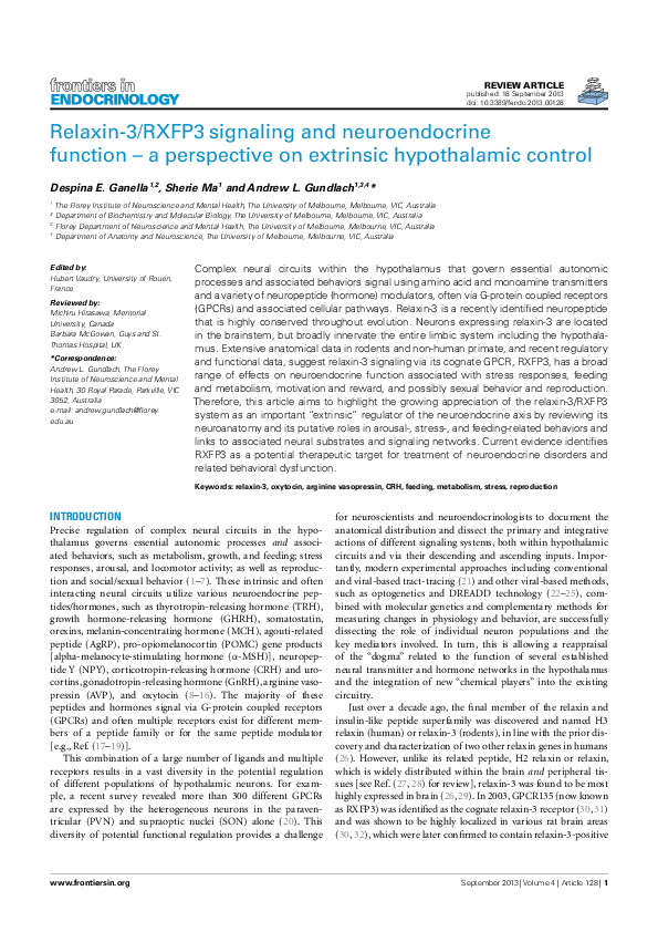 (PDF) Relaxin-3/RXFP3 Signaling and Neuroendocrine Function – A ...