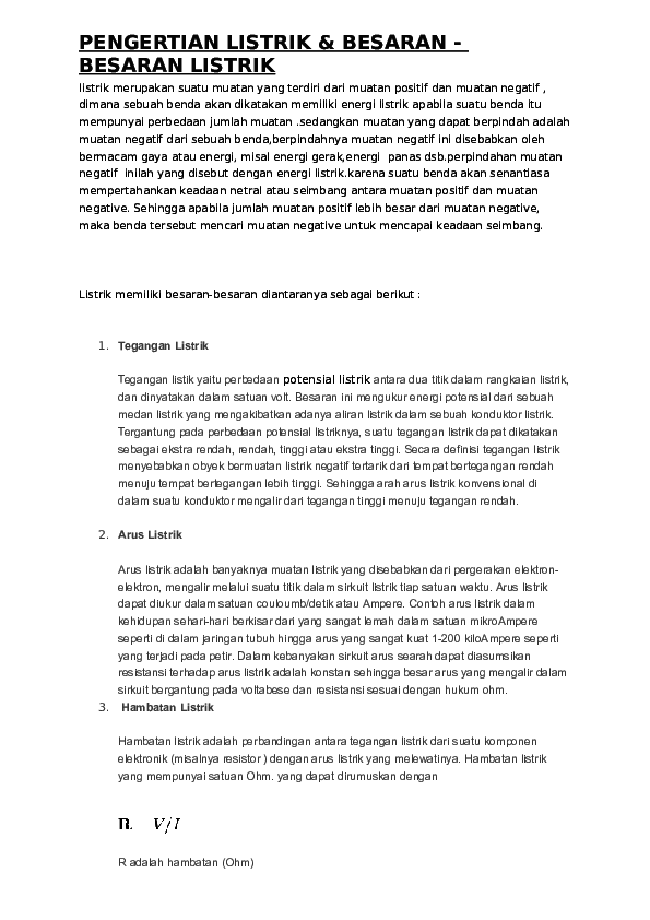 (DOC) PENGERTIAN LISTRIK & BESARAN -BESARAN LISTRIK