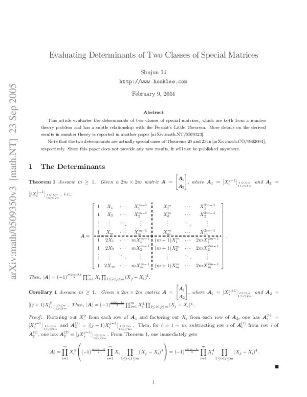 (PDF) Evaluating Determinants of Two Classes of Special Matrices