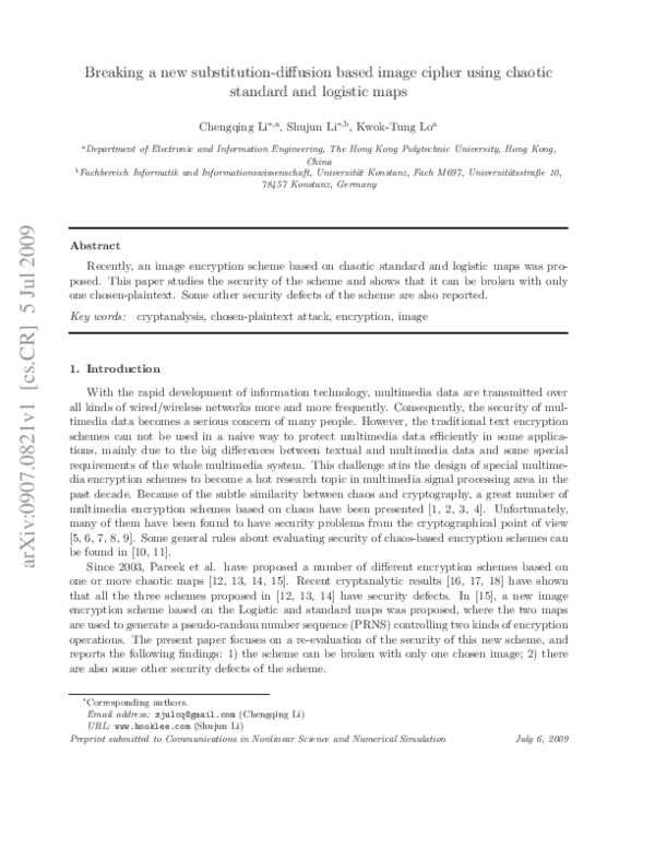 (PDF) Breaking a new substitution-diffusion based image cipher using chaotic standard and ...