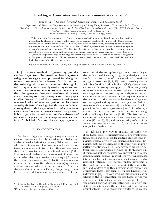 Pdf Breaking A Chaos Noise Based Secure Communication Scheme