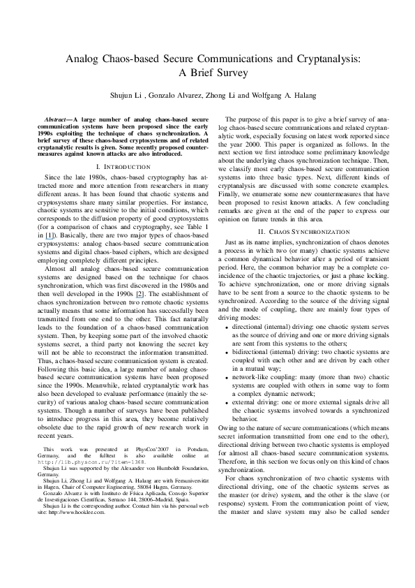 (PDF) Analog Chaos-based Secure Communications and Cryptanalysis: A Brief Survey