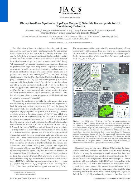 (PDF) Phosphine-Free Synthesis of p-Type Copper(I) Selenide Nanocrystals in Hot Coordinating ...