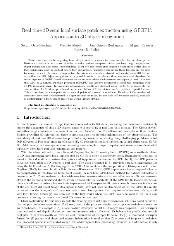 Pdf Real Time 3d Semi Local Surface Patch Extraction Using Gpgpu Application To 3d Object