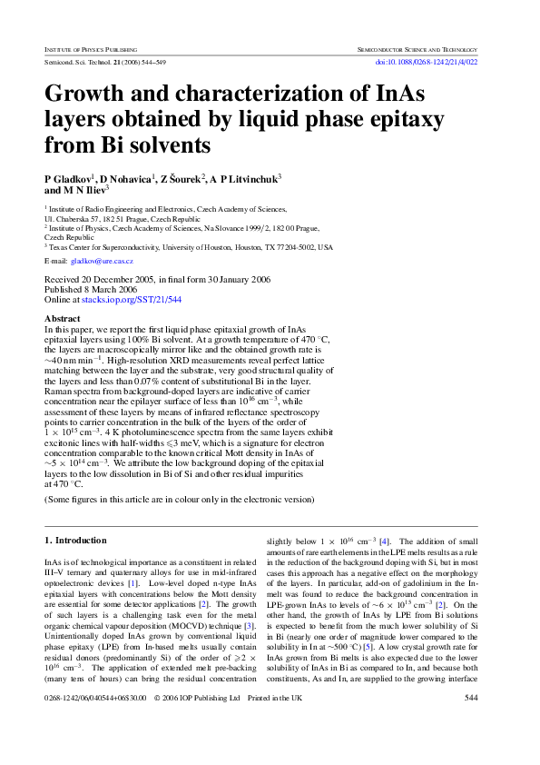 (PDF) Growth and characterization of InAs layers obtained by liquid phase epitaxy from Bi solvents