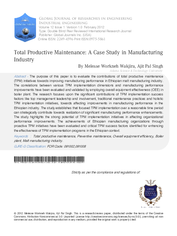 (PDF) Total Productive Maintenance A Case Study