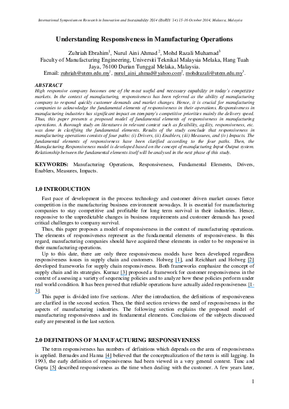 (PDF) Understanding Responsiveness in Manufacturing Operations