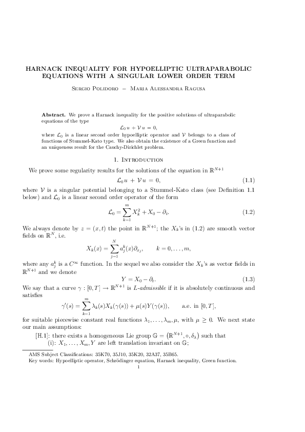 (PDF) Harnack inequality for hypoelliptic ultraparabolic equations with a singular lower order term