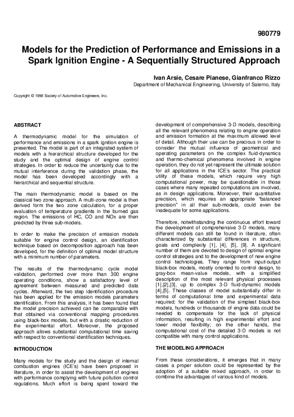 (PDF) Models for the Prediction of Performance and Emissions in a Spark Ignition Engine - A ...