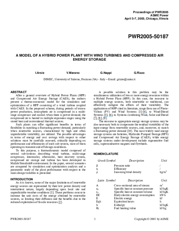 (PDF) A Model of a Hybrid Power Plant With Wind Turbines and Compressed ...
