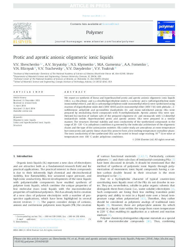 (PDF) Protic and aprotic anionic oligomeric ionic liquids
