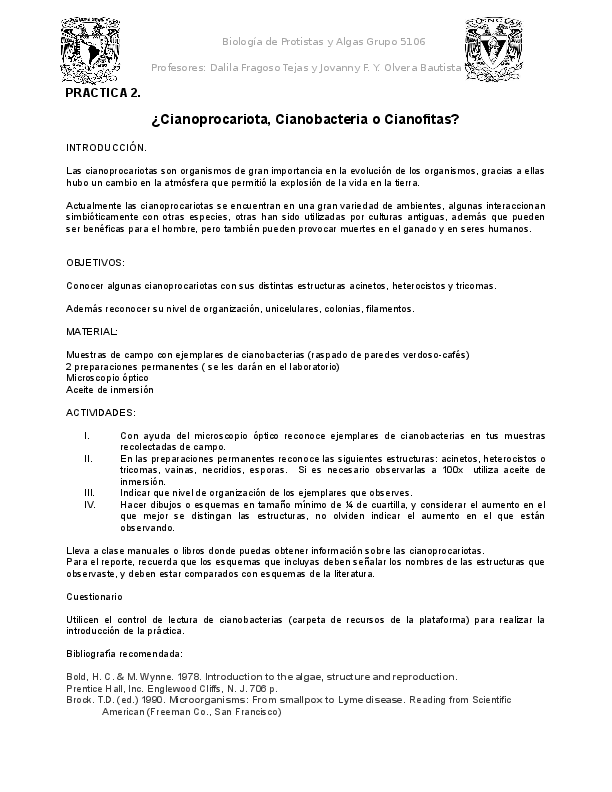 (DOC) PRACTICA 2. ¿Cianoprocariota, Cianobacteria o Cianofitas