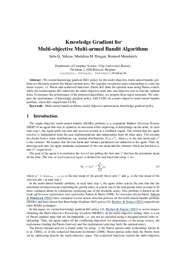 (PDF) Knowledge gradient for multi-objective multi-armed bandit algorithms