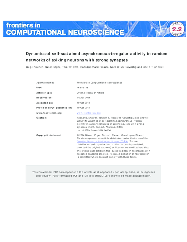 Pdf Dynamics Of Self Sustained Asynchronous Irregular Activity In Random Networks Of Spiking