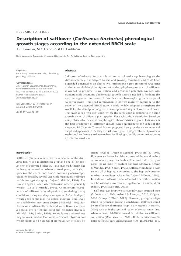 (PDF) Annals of Applied Biology ISSN 0003-4746 Description of safflower (Carthamus tinctorius ...