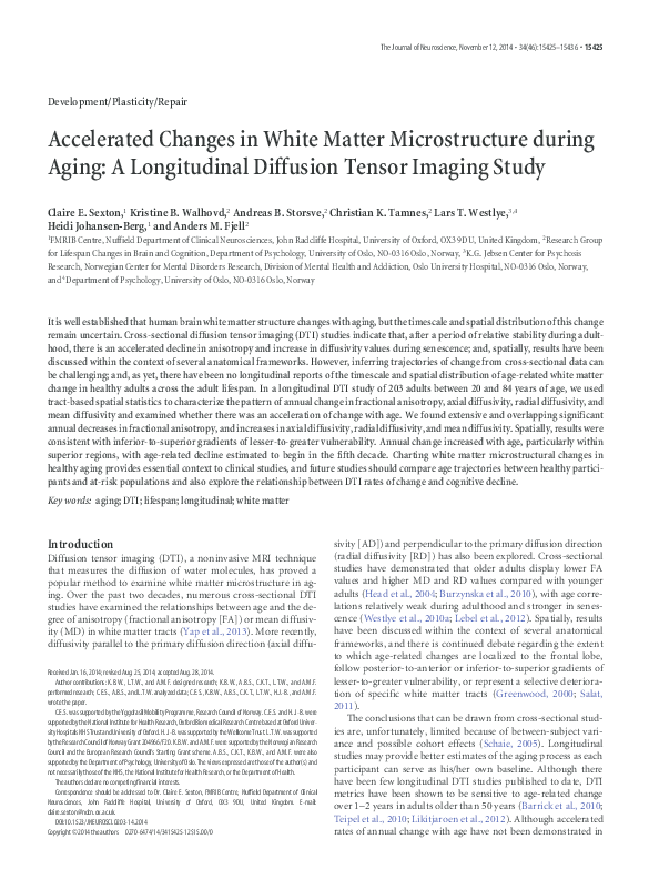 (PDF) Accelerated changes in white matter microstructure during aging: a longitudinal diffusion ...