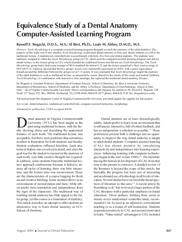 (PDF) Equivalence study of dental anatomy computer-assisted learning ...