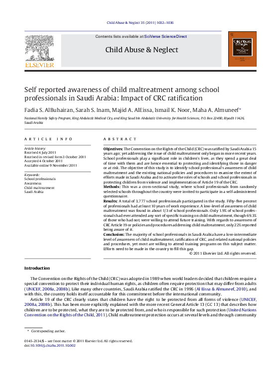 (PDF) Self reported awareness of child maltreatment among school ...