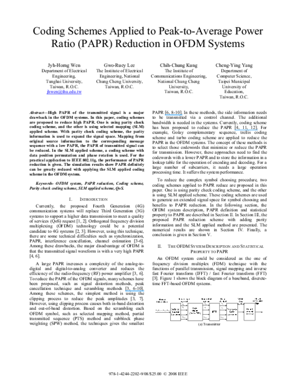 (PDF) Coding Schemes Applied to Peak-to-Average Power Ratio (PAPR) Reduction in OFDM Systems