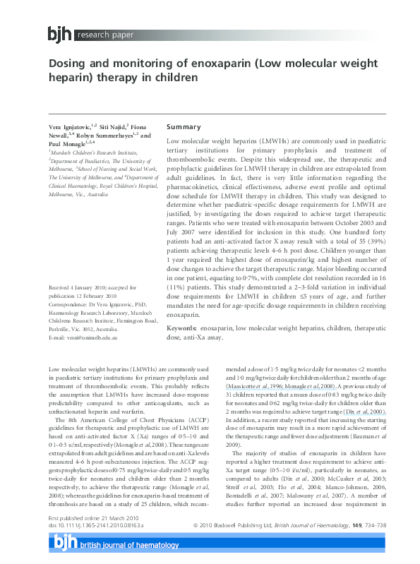 (PDF) Dosing and monitoring of enoxaparin (Low molecular weight heparin ...