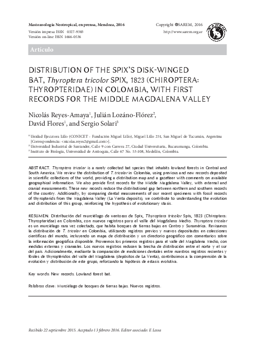 (PDF) DISTRIBUTION OF THE SPIX’S DISK-WINGED BAT, Thyroptera tricolor ...