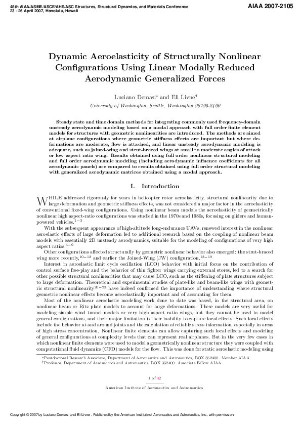 Pdf Dynamic Aeroelasticity Of Structurally Nonlinear Configurations Using Linear Modally
