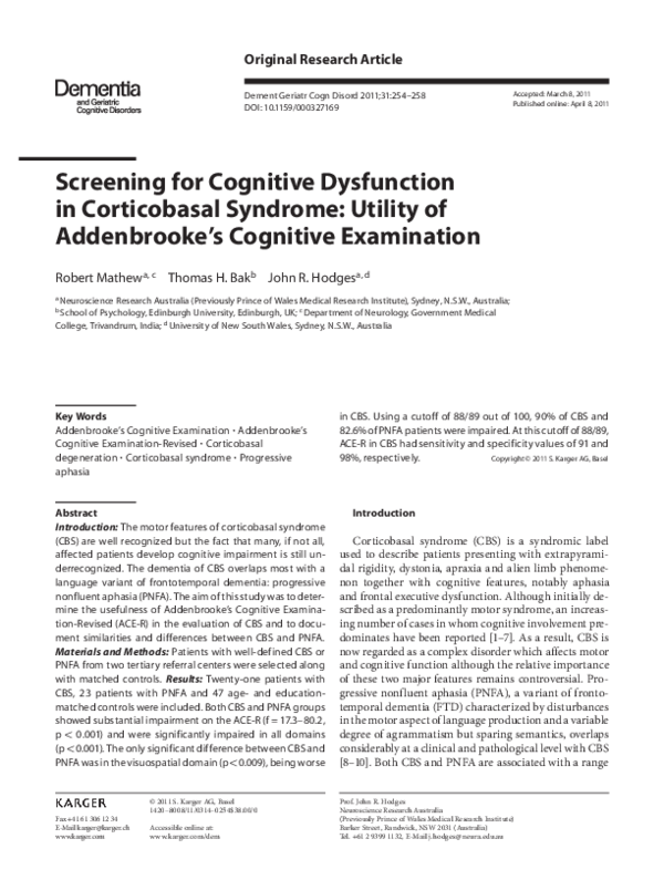 (PDF) Screening for Cognitive Dysfunction in Corticobasal Syndrome ...