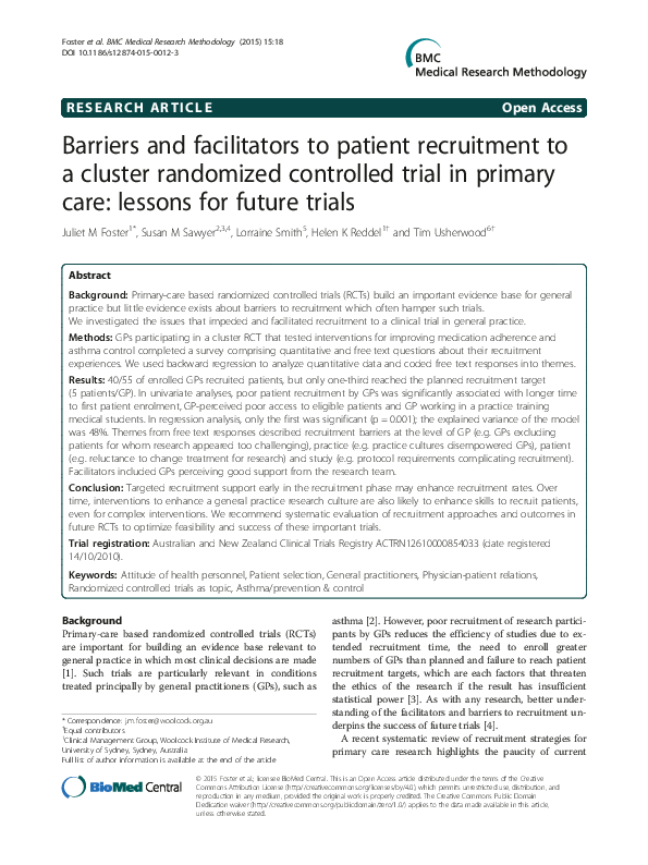 (PDF) Barriers and facilitators to patient recruitment to a cluster randomized controlled trial ...