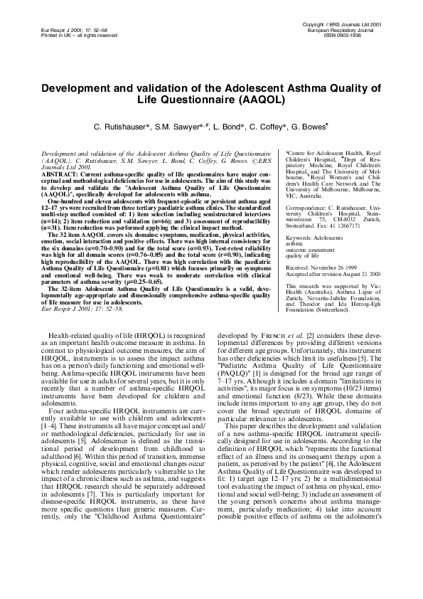 (PDF) Development and validation of the Adolescent Asthma Quality of Life Questionnaire (AAQOL)
