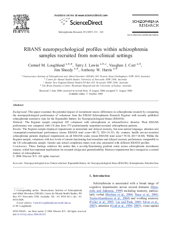 (PDF) RBANS neuropsychological profiles within schizophrenia samples ...