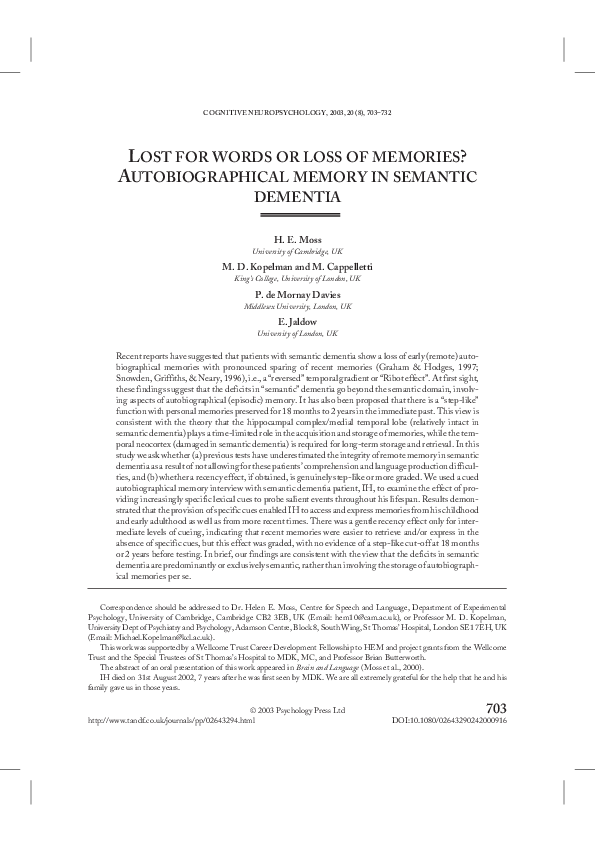 (PDF) Lost for Words or Loss of Memories? Autobiographical Memory in ...