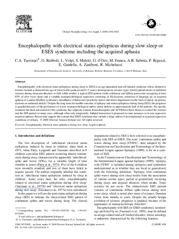 (PDF) Encephalopathy with electrical status epilepticus during slow ...