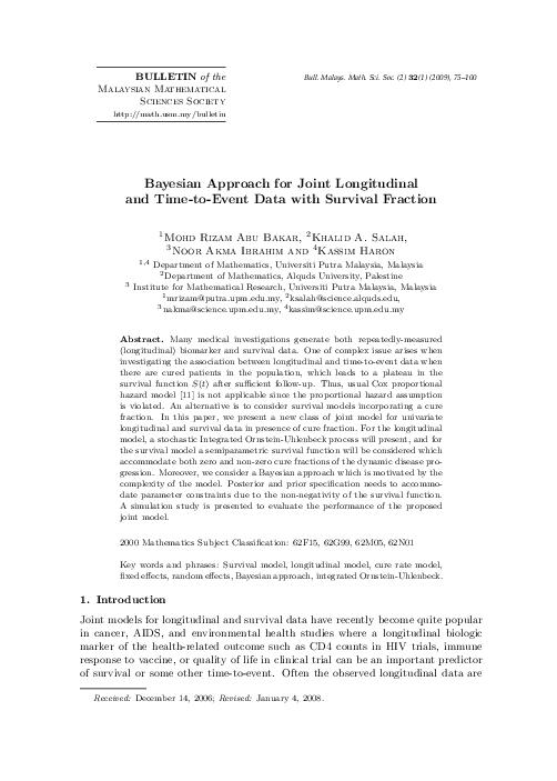 Pdf Bayesian Approach For Joint Longitudinal And Time To Event Data With Survival Fraction