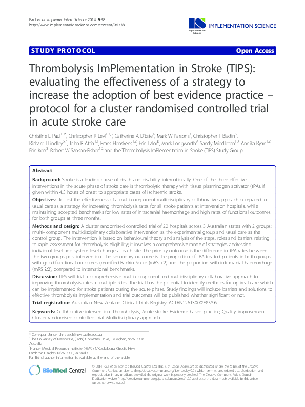 (PDF) Thrombolysis ImPlementation in Stroke (TIPS): evaluating the effectiveness of a strategy ...