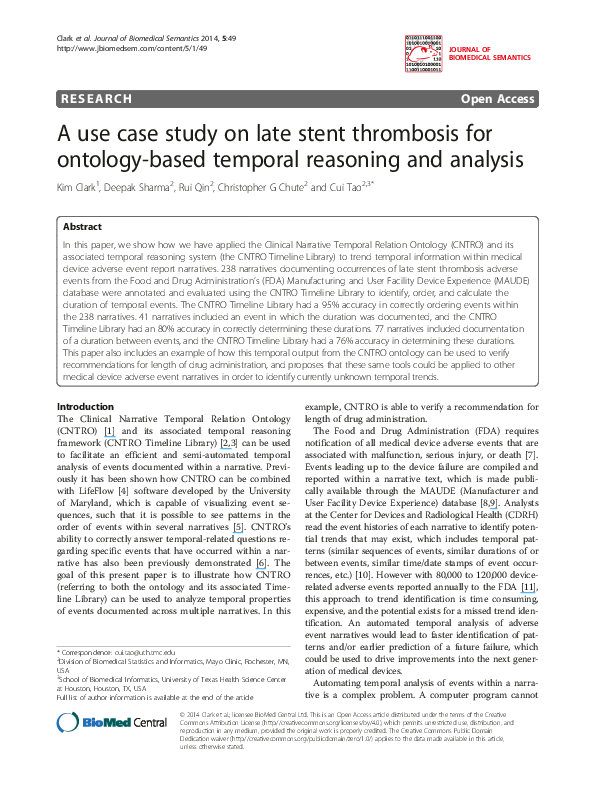 (PDF) A use case study on late stent thrombosis for ontology-based temporal reasoning and analysis