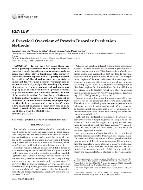 (PDF) A practical overview of protein disorder prediction methods