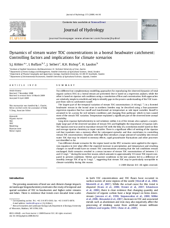 (PDF) Dynamics of stream water TOC concentrations in a boreal headwater catchment: Controlling ...