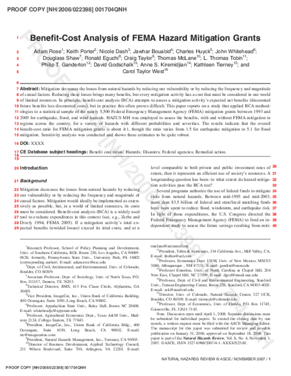 (PDF) Benefit-Cost Analysis of FEMA Hazard Mitigation Grants