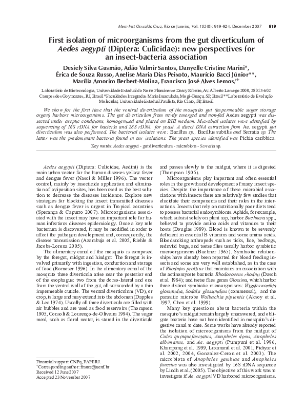 (PDF) First isolation of microorganisms from the gut diverticulum of Aedes aegypti (Diptera ...