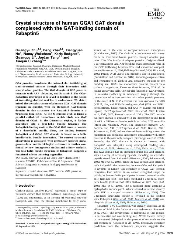 (PDF) Crystal structure of human GGA1 GAT domain complexed with the GAT ...