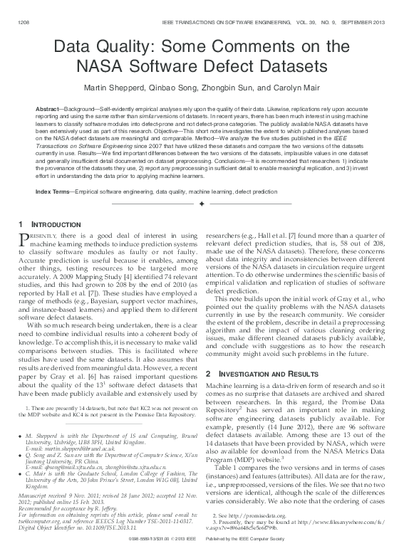 Pdf Data Quality Some Comments On The Nasa Software Defect Datasets