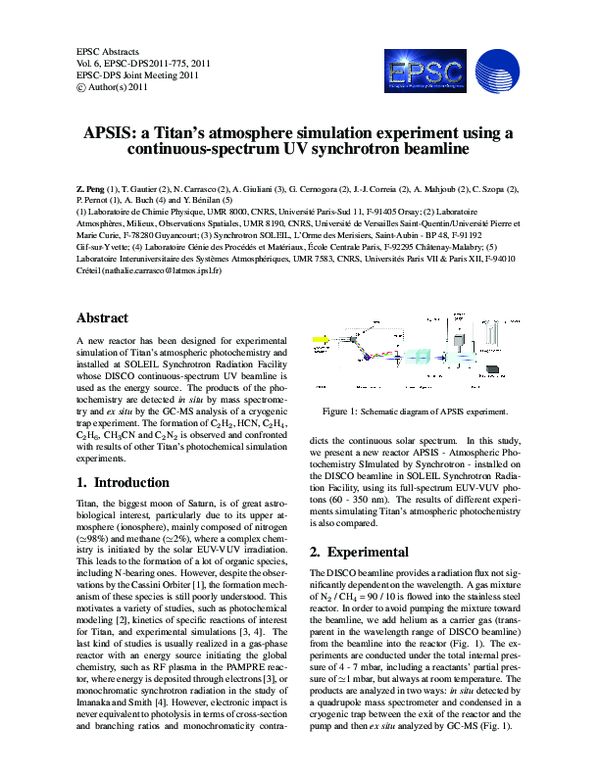 (PDF) APSIS: a Titan's atmosphere simulation experiment using a ...